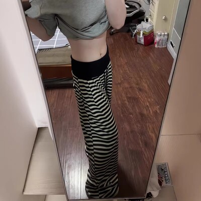 条纹休闲运动裤女夏季直筒阔腿裤