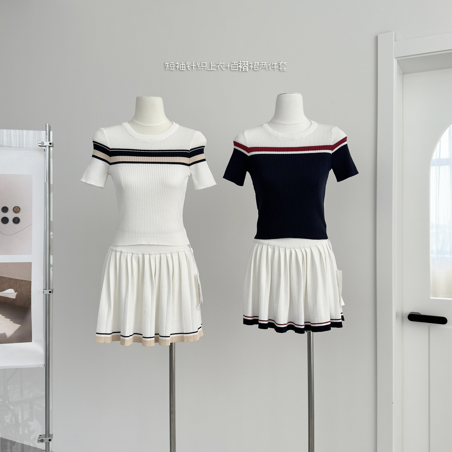 OKMASHOP'’网球俱乐部‘学院风套装女短袖针织上衣+百褶裙两件套