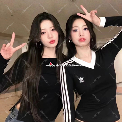 adidas三叶草V领修身美式长袖T恤