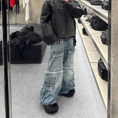 巴黎风格水洗蓝牛仔Flared Cargo做旧微喇多口袋可拆卸阔腿工装裤