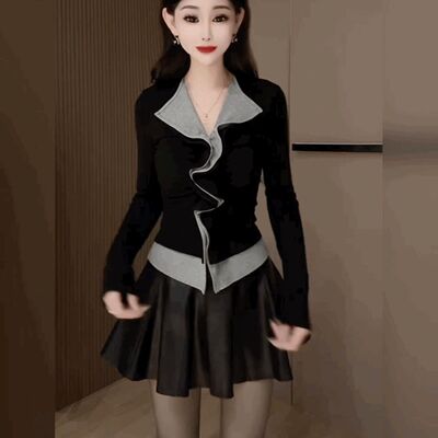 V领木耳边上衣复古撞色长袖T恤