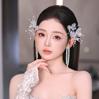 水舞A5272超仙闪耀水晶串珠银色闪粉蝴蝶发夹新娘头饰跟妆发饰