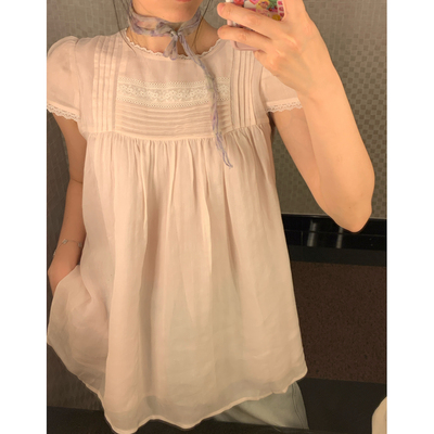 岛知道《河滨公园》夏日少女感小花蕾丝花边娃娃衫苎麻上衣