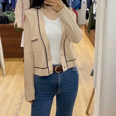 小香风缝线V领针织开衫外套