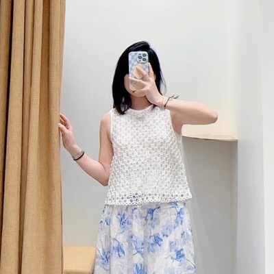 2025早春新款女装白色圆领无袖珠饰短款休闲上衣MFPTO01131