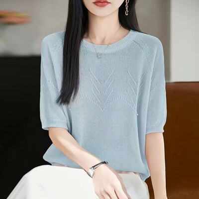 【树叶版】新款树叶版小亮珠圆领洋气简约百搭薄款短袖上衣x1333