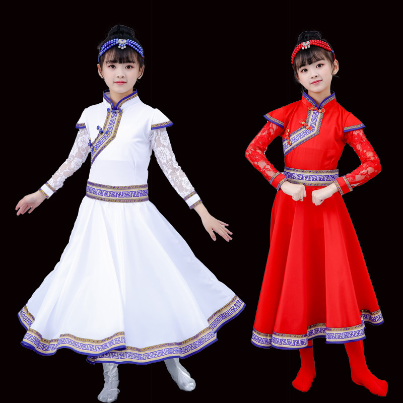 儿童新款蒙古演出服装小女孩草原蒙族表演服饰鄂伦春族连衣裙套装