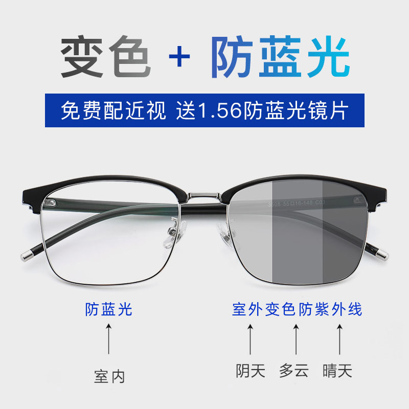 变色眼镜近视男款智能感光防蓝光紫外线大脸太阳平光可配度数墨镜