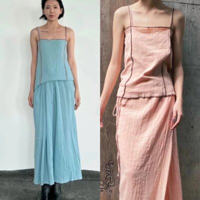 亏本大促！B*小众麻棉混纺褶皱肌理感吊带上衣半身裙 （ 二 色 ）