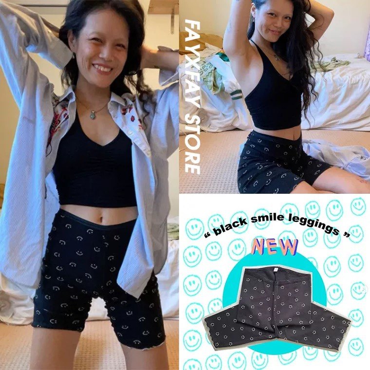 Minjiena韩国小众设计笑脸休闲中裤打底裤女无痕高腰笑脸裤_虎窝淘