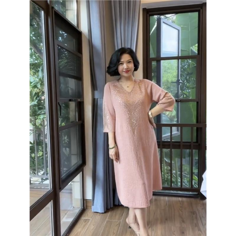 妈妈婚宴重工V领烫钻弹力显瘦连衣裙半袖冰麻针织外套开衫两件套
