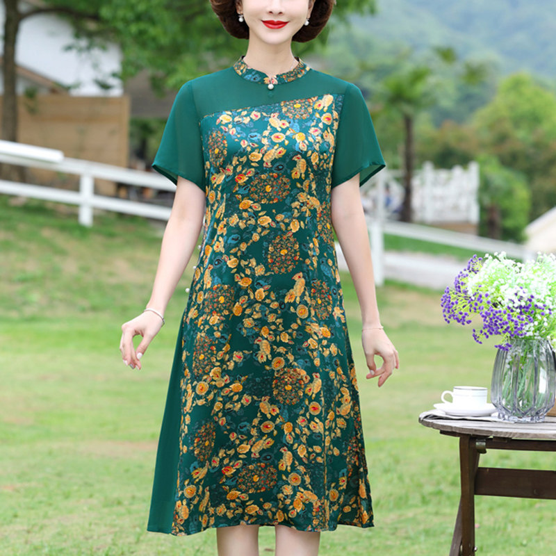 夏装新款妈妈连衣裙改良式旗袍裙中年女装复古优雅阔太太短袖裙子
