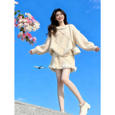 韩系温柔风针织套装女秋冬新款杏色毛衣高腰半身裙显瘦穿搭一整套