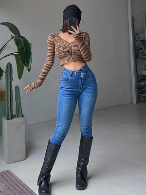 【复合绒加绒裤】斜边双粒扣腰部做小高腰牛仔裤铅笔裤3色