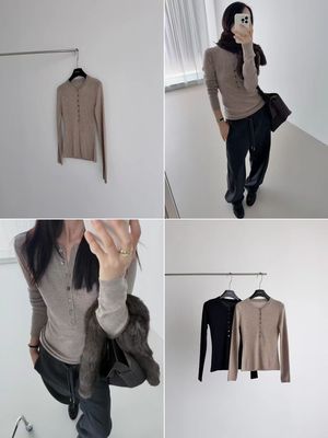 Glog2025冬新款韩版圆领半扣亨利领修身款毛衣针织衫显瘦女