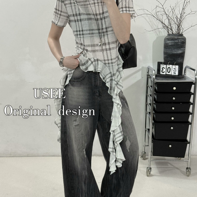 HOTTER-26年春款复古格纹荷叶边时尚小衫(不配挂件)YS2-7357