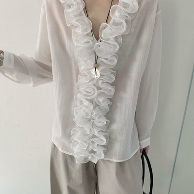 eternal.西子-春夏首爆荷叶边拼接长袖松弛感质感小衫51866