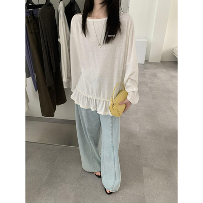 【eternal.西子】斜肩木耳边下摆纯色小衫  50208#  MXN