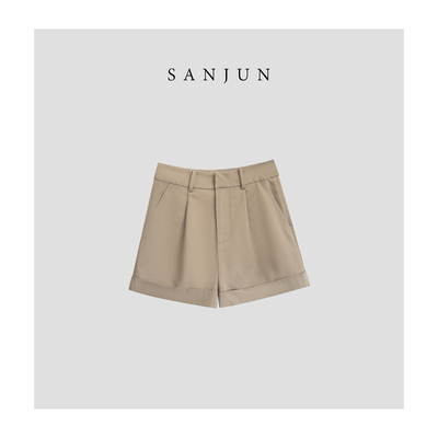 SANJUN高端定制【入梦】简约质感休闲百搭长绒棉卷边短裤 9286