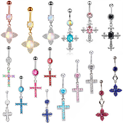 1Piece Cross Belly Piercing Ring 14G Surgical Steel Opal