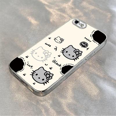 黑白凯蒂猫适用苹果5s手机壳iphone4s可爱5卡通4KT猫苹果se一代电镀软壳男女情侣新款创意网红全包边防摔超薄