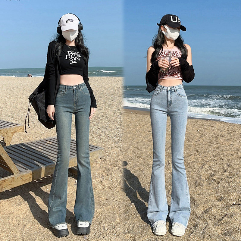 新爆款浅蓝弹力修身高腰显瘦牛仔裤女新款夏复古百搭喇叭长毛边裤