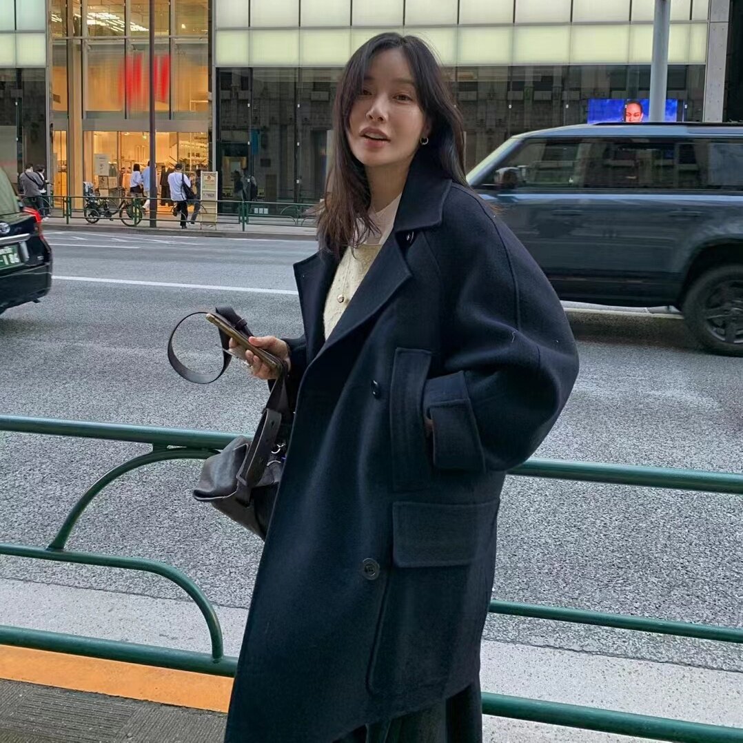 现货 INS博主款经典百搭英伦风高级减龄大翻领双排扣毛呢外套大衣