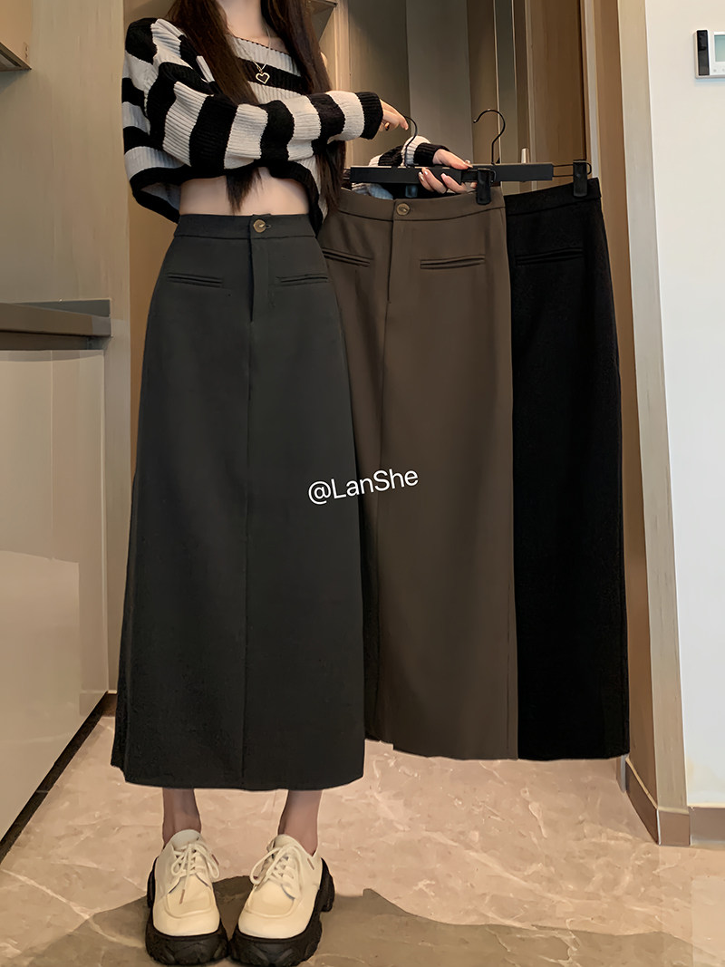 设计感直筒半身裙包臀裙女秋季复古高腰显瘦灰色中长裙子百搭新款