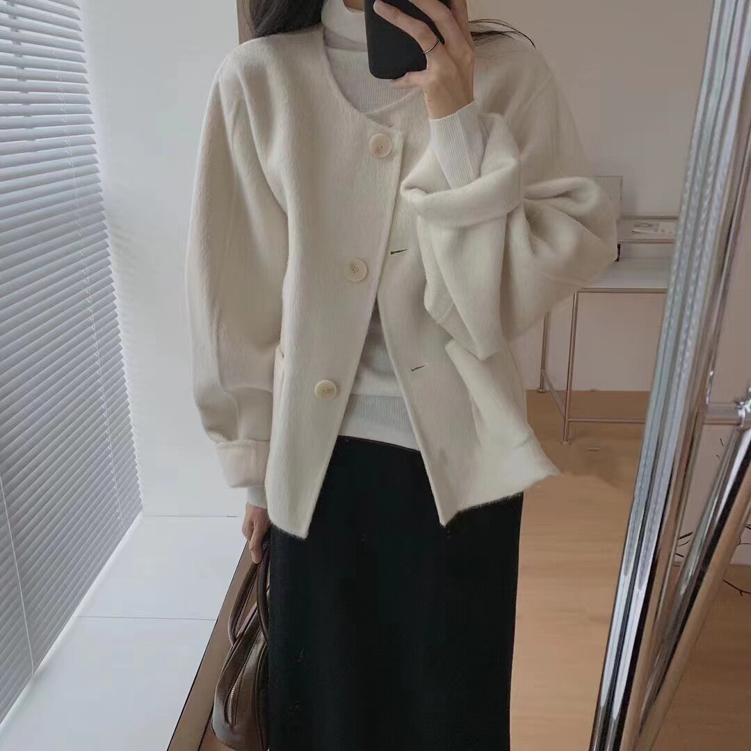 西西里灰色双面羊绒大衣女小个子2024秋冬新款宽松高级感毛呢外套