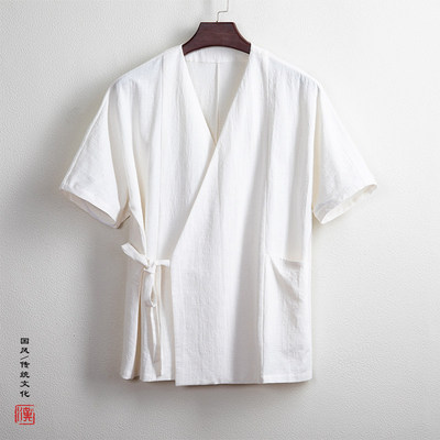 中国风男装棉麻短袖开衫夏季新中式交领斜襟汉服道袍宽松薄款上衣
