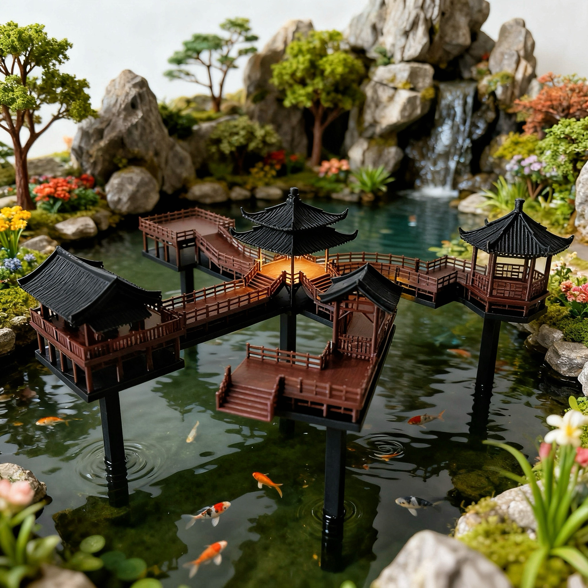 国风亭子带灯栈道中式摆件水陆缸造景餐桌沙盘装饰莲花池微景观