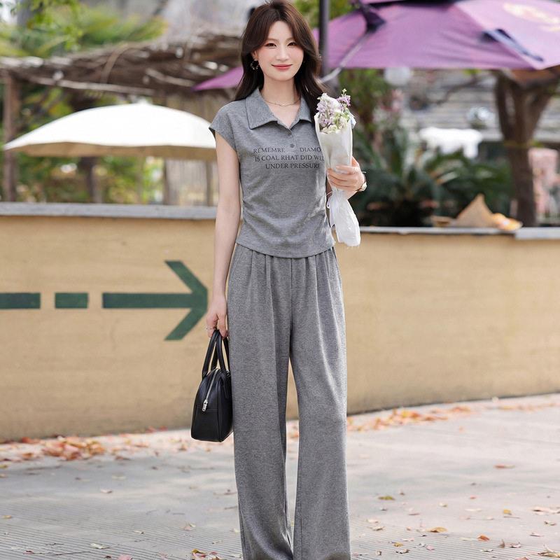 龄时尚套装女夏新KX6253-0款感设计季瘦上衣直筒裤两件套显裤