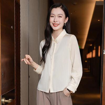 季新款长袖衬衫纯色质刺绣丝翻春领真A3626-02上衣气时尚衬衫