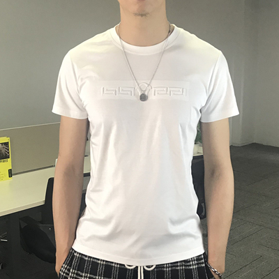 男士夏季韩版纯色休闲半截袖 24修身双丝光棉港风流行撞色短袖T恤