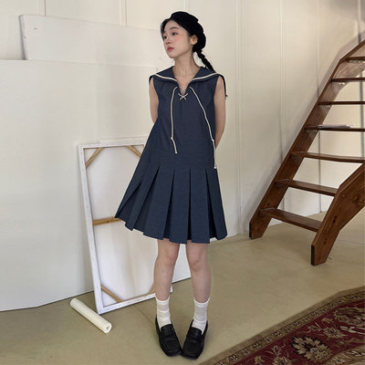 peri sea“水手未读信”牛仔复古低腰百褶裙连衣裙