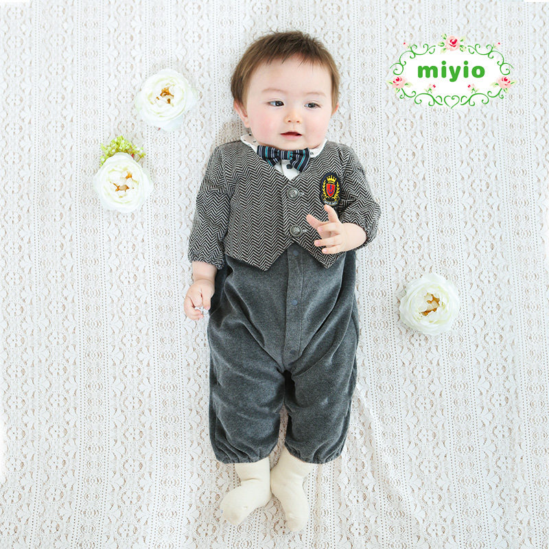 miyio男宝宝0至9个月婴幼儿正装礼服长袖连体爬装外出服庆生包邮