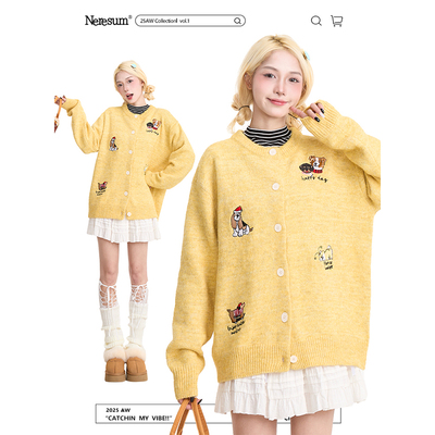 NERESUM趣味小狗刺绣开衫毛衣