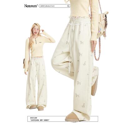 NERESUM小狗印花蕾丝拼接休闲裤