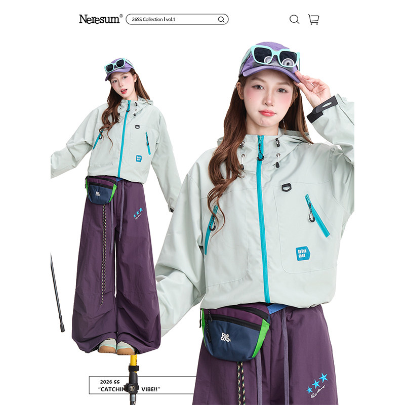 NERESUM户外机能风连帽冲锋衣女春夏徒步爬山运动短款夹克外套