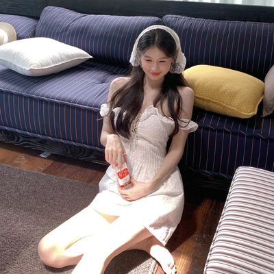 立体刺绣一字肩吊带两穿连衣裙女