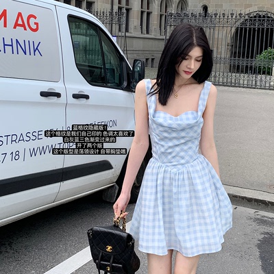 格纹隐藏版假两件吊带连衣裙女