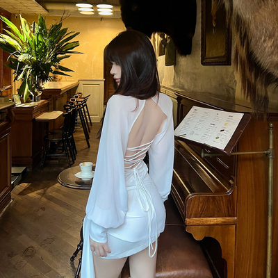 拉链镂空露背绑带衬衫连衣裙女