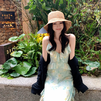 新款莫奈绿碎花长款吊带连衣裙女