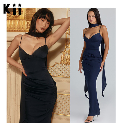 Kii美国正品Houseof CB 藏青色围巾缎面抽褶超长连衣裙礼服Freya