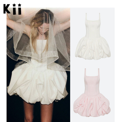 Kii正品美国代购Aje方领鱼骨褶皱不对称气泡边迷你连衣蓬裙Alani