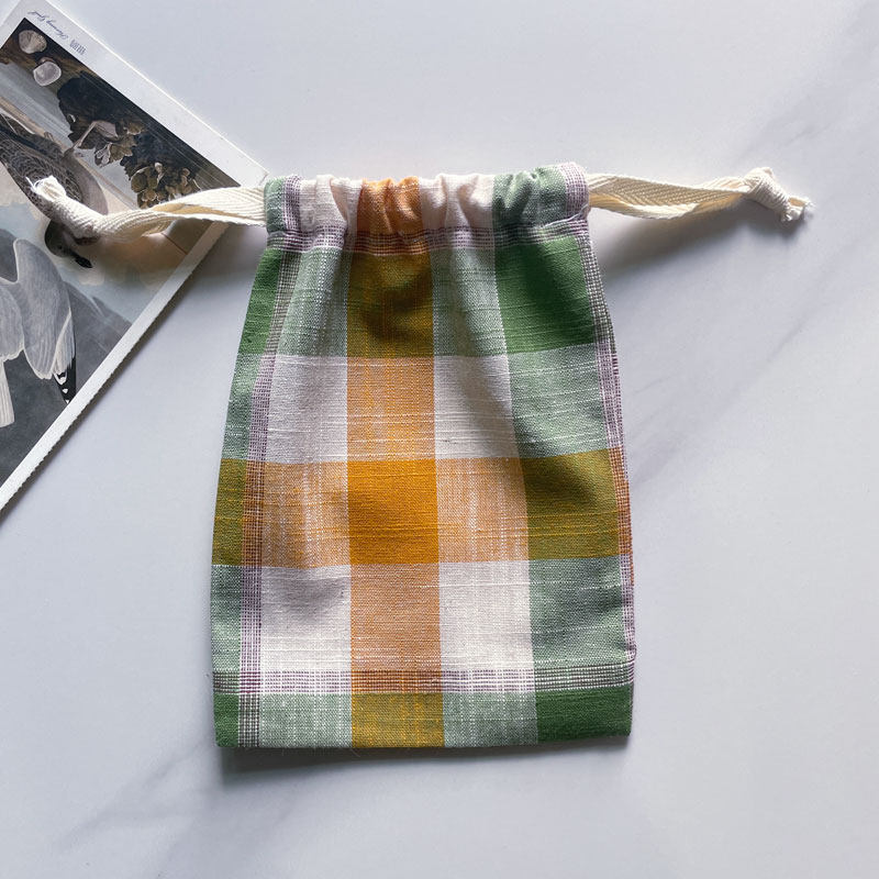 ins港风格子收纳小号布袋 化妆品袋手机袋杂物分类袋棉麻抽绳布袋_虎窝淘