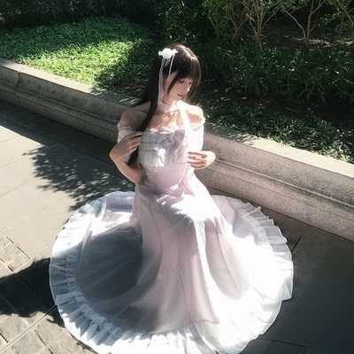 啦啦酱 鸢尾诗 清楚系薄纱荷叶边连衣裙仙气女紫色一字肩长裙女