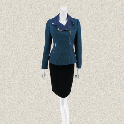 拼色偏襟拉链修身女秋冬羊毛外套