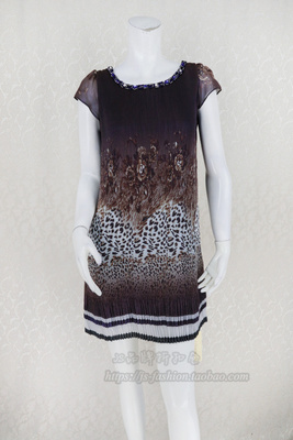 促!蕾DOW 钉珠亮片豹纹印花拼色宽松百褶雅致女夏连衣裙L3SA24161
