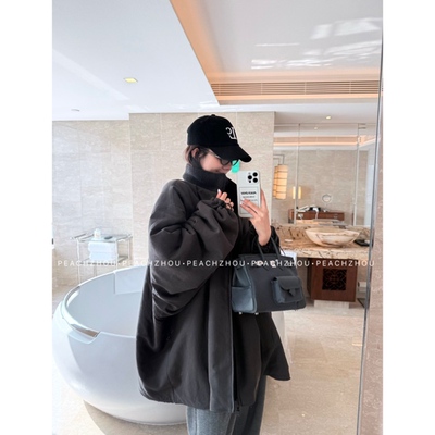 PEACHZHOU 双面穿绒感大廓形立领拉链外套秋冬保暖男女同款夹克